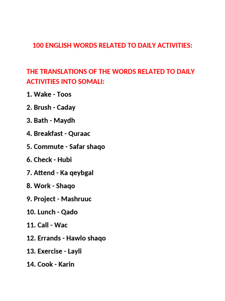 100 ENGLISH WORDS RELATED TO DAILY ACTIVITIES | PDF | Eating Behaviors ...