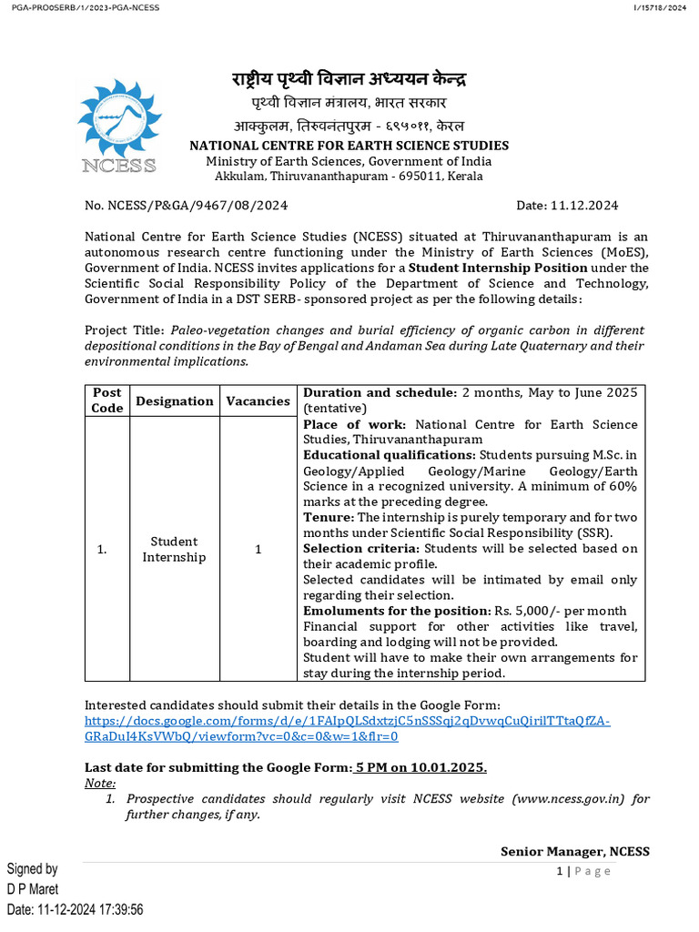 Student Internship Position Under DST SERB Project Dec 2024 | PDF ...