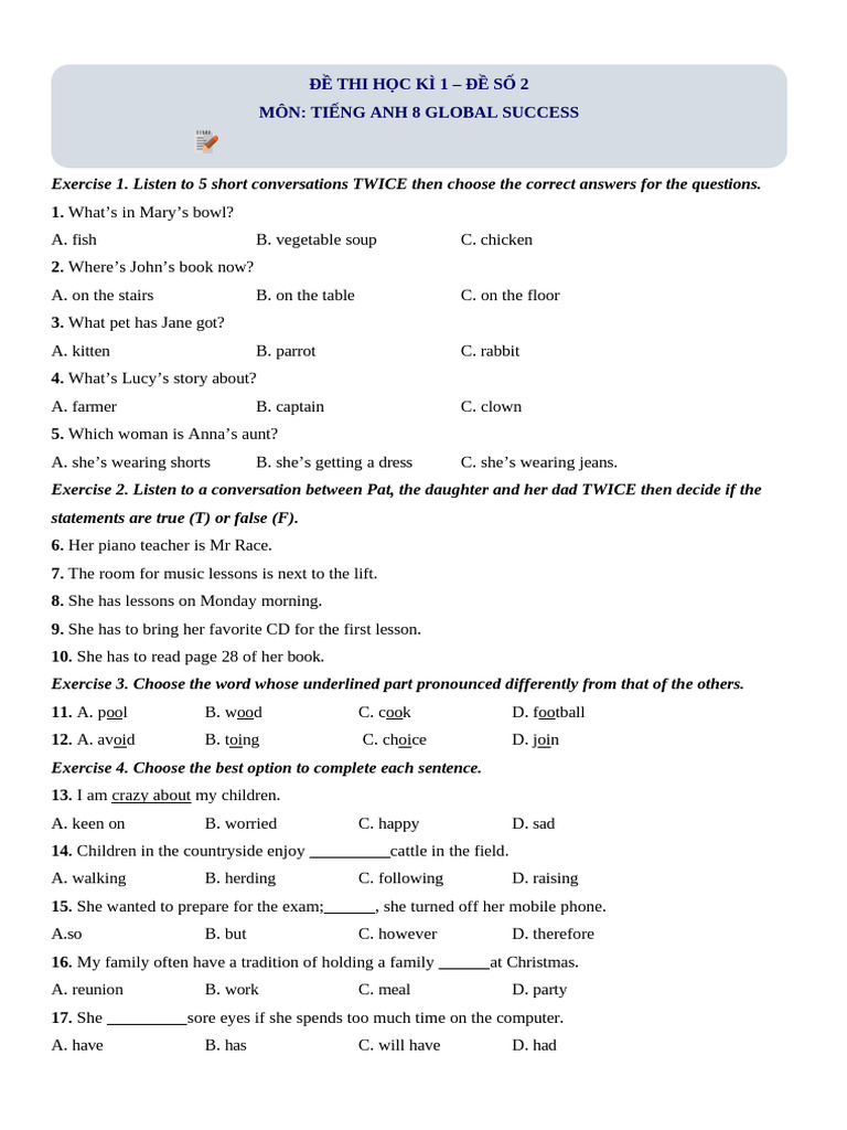 De Thi Hoc Ki 1 Tieng Anh 8 Global Success de So 2 1701841445 | PDF | Christmas