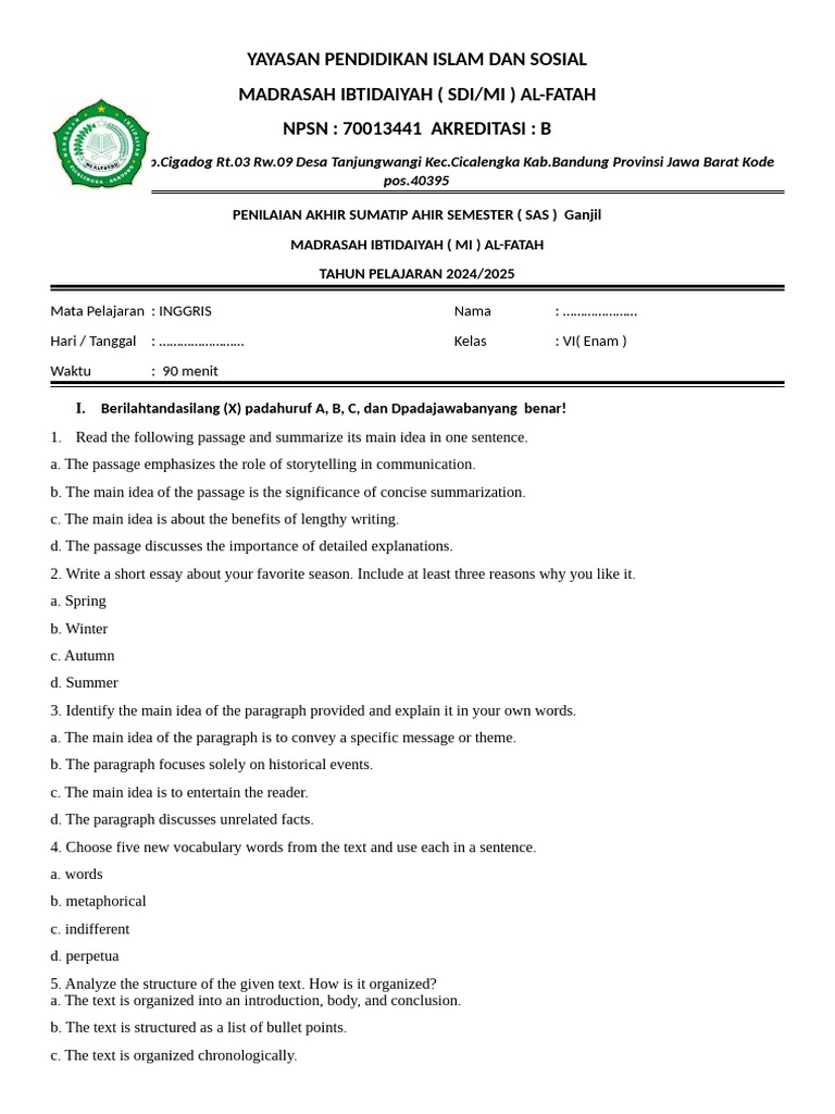 English Exam for MI Al-Fatah 2024/2025 | PDF | Xml Schema | Json