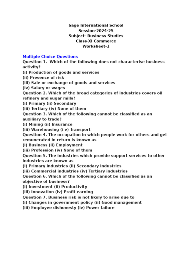 Business Studies Worksheet-1 | PDF