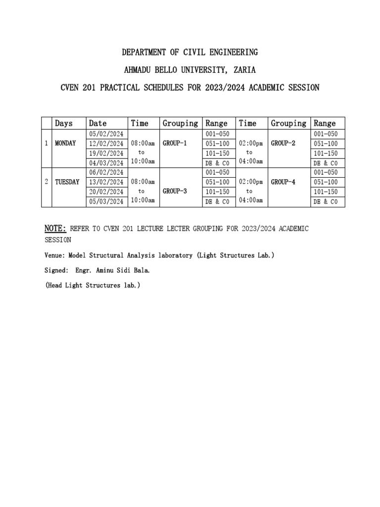 CVEN 201 PRACTICAL TIME TABLE 2024 Corrected | PDF