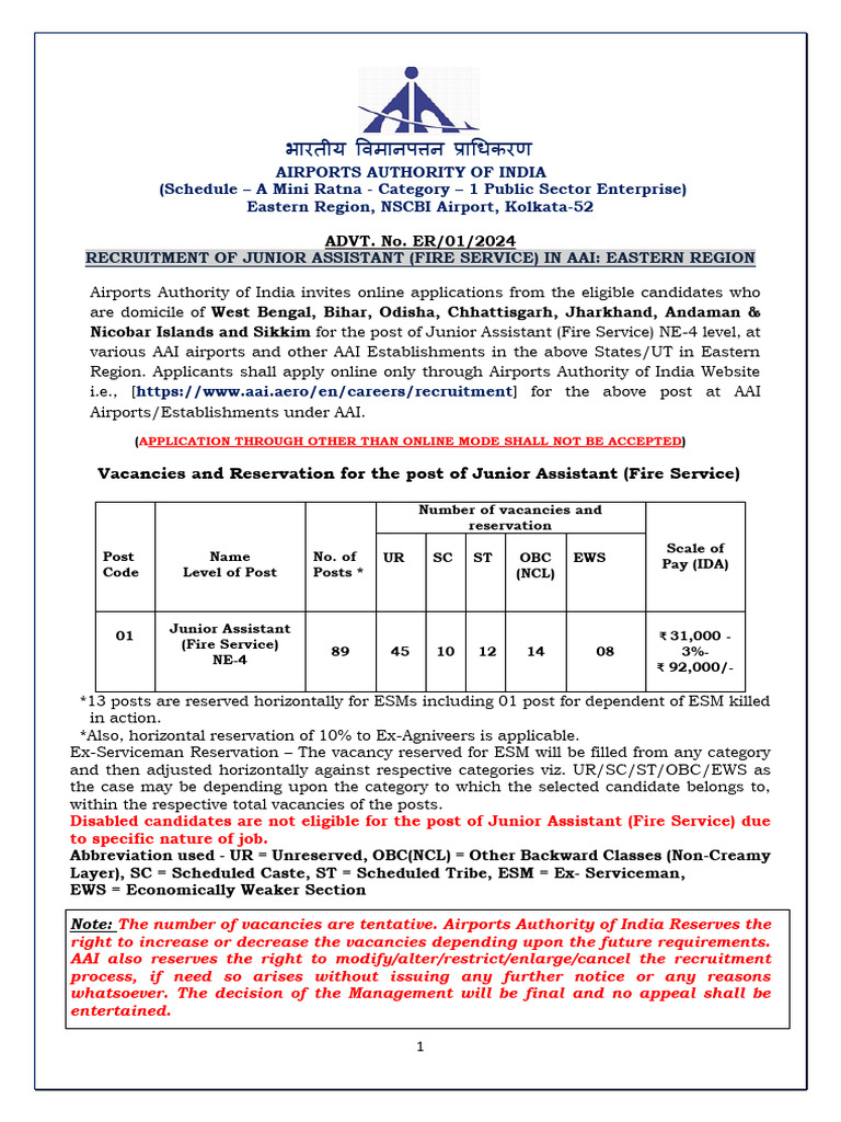 AAI Junior Assistant Recruitment 2024 Notification | PDF | Driver's ...