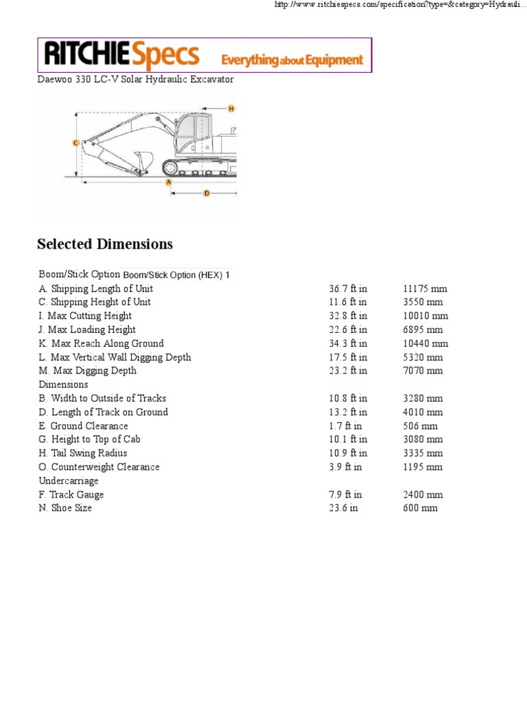 Daewoo 330 LC-V Excavator Specs | PDF | Engines | Machines