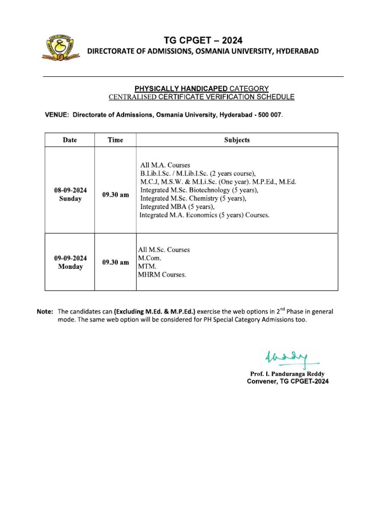 3 PHYSICALLY Handicapped CATEGORY CENTRALISED CERTIFICATE VERIFICATION SCHEDULE - 2024 | PDF