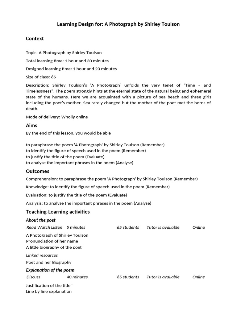 Lesson Plan for "A Photograph" Poem | PDF | Cognitive Science | Human ...