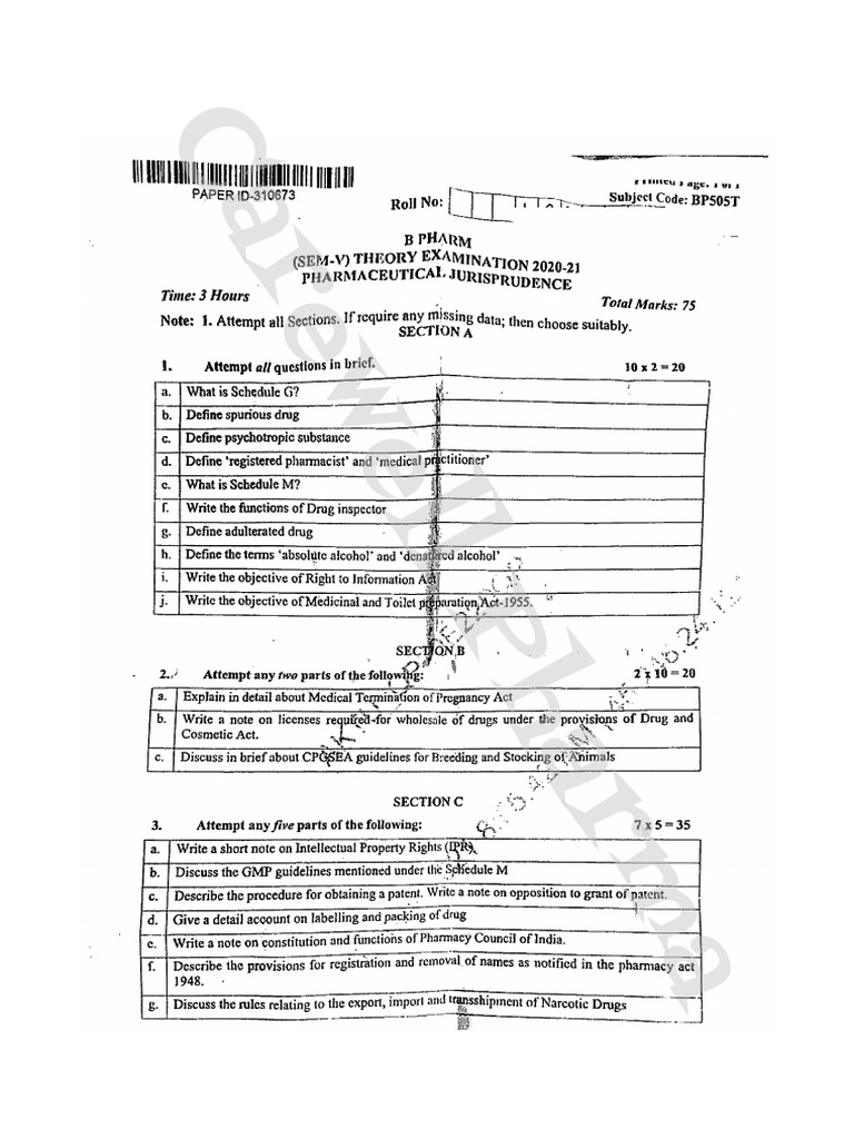 Pharmaceutical Jurisprudence, 5th Sem, AKTU Previous Year Question ...