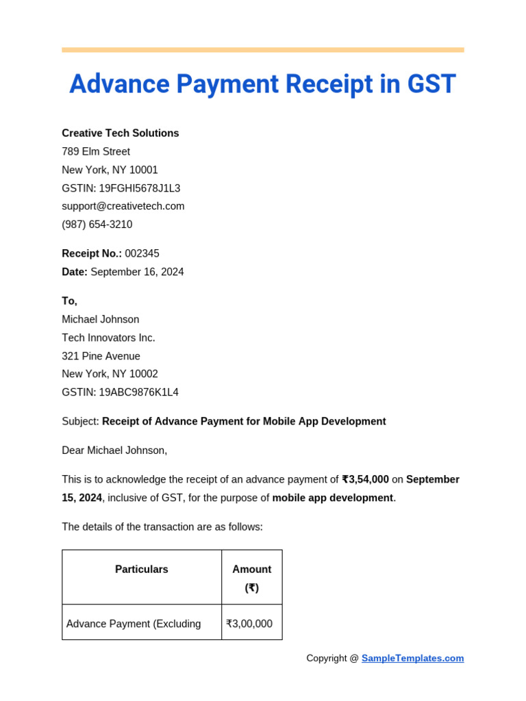 Advance Payment Receipt in GST | PDF