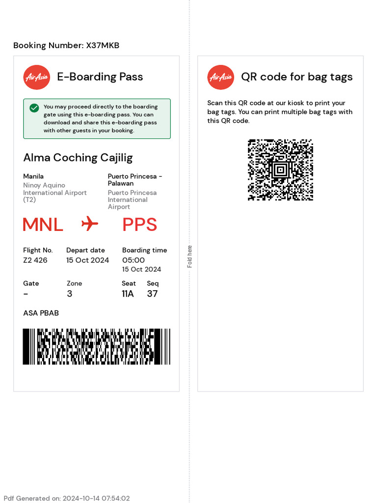 E-Boarding Pass QR Code For Bag Tags: Booking Number: X37MKB | PDF
