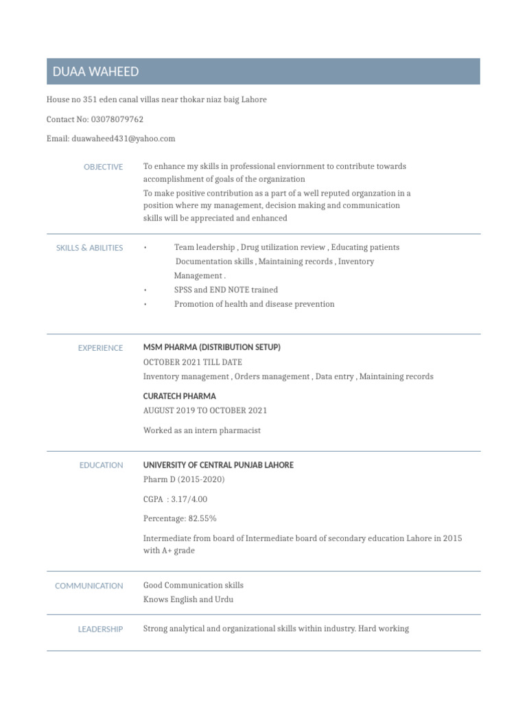 Duaa Waheed Resume | PDF