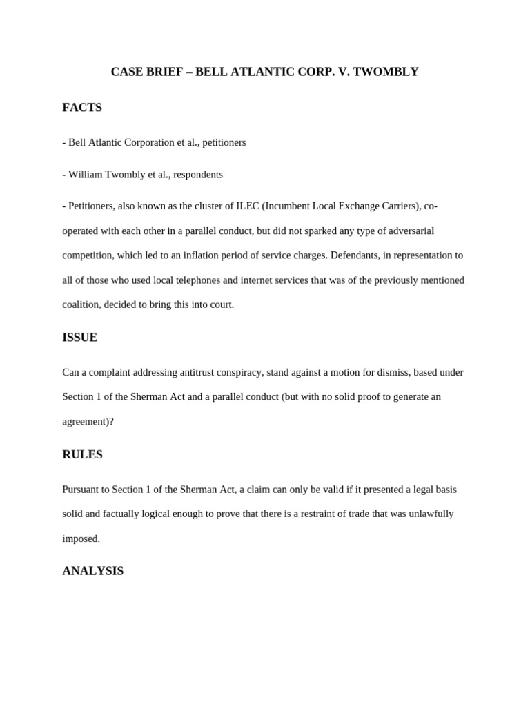 Bell Atlantic v. Twombly Case Brief | PDF