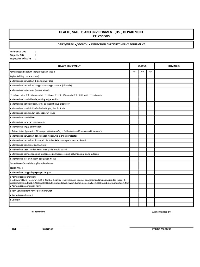 Checklist Inspeksi Alat Berat | PDF