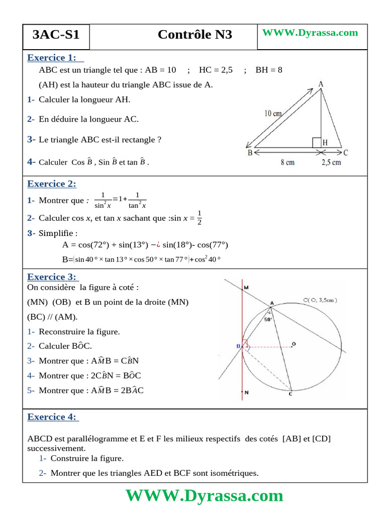Contrôle N3 de Mathématiques 3AC | PDF