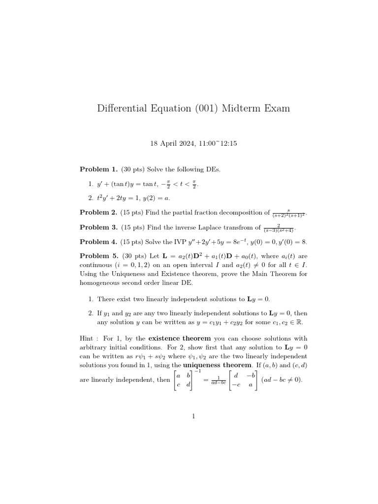 ODE Midterm Exam - 2024.01 | PDF | Laplace Transform | Convolution