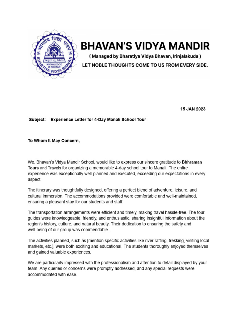 Experience Letter For 4-Day Manali School Tour 15 JAN 2023 | PDF
