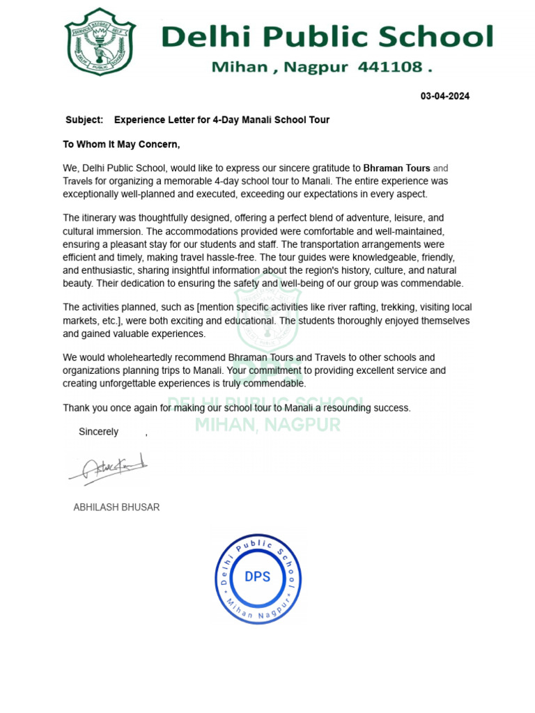 Bhraman Tours and Travels Experience Letter | PDF