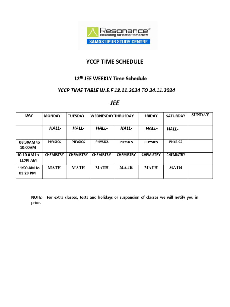 12TH Jee Weekly Schedule-2 | PDF