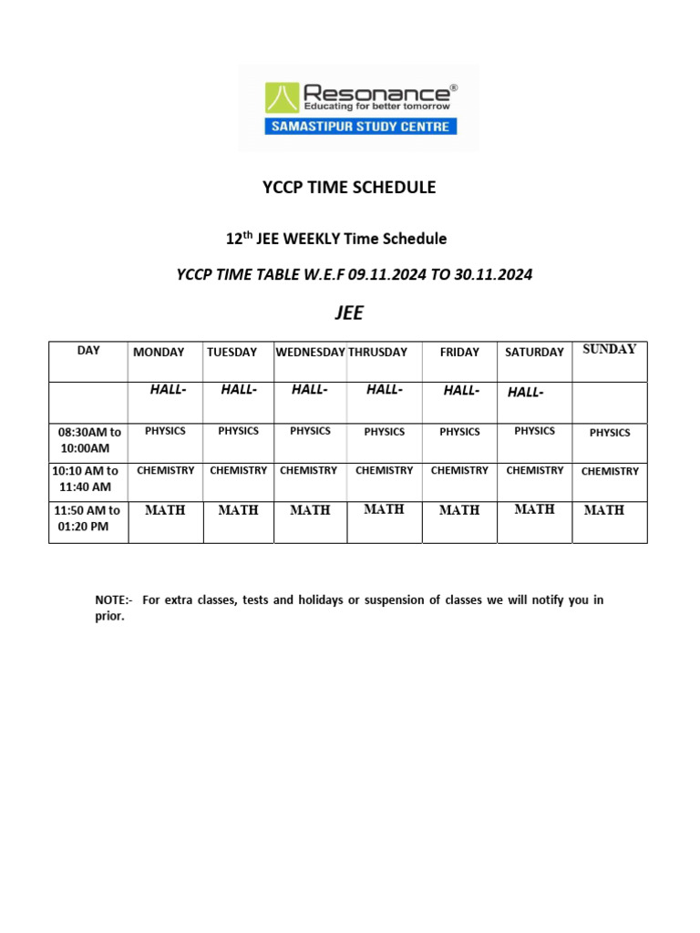12TH Jee Weekly Schedule | PDF