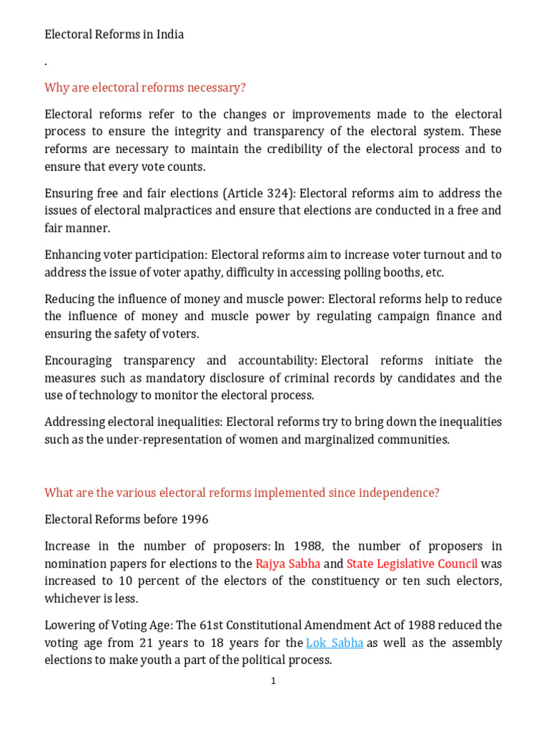Electoral Reforms in India | PDF | Elections | Voting