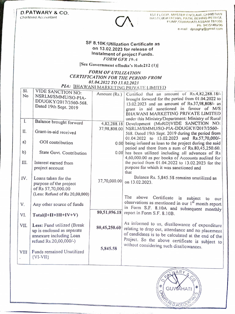 SF 8.10K Utilization Certificate Release Instalment Period of April ...
