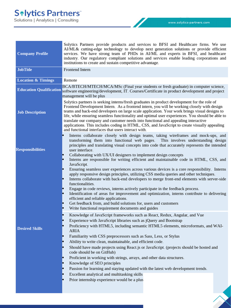 JD - Frontend Intern | PDF | Java Script | User Interface JD - Frontend Intern | PDF | Java Script | User Interface