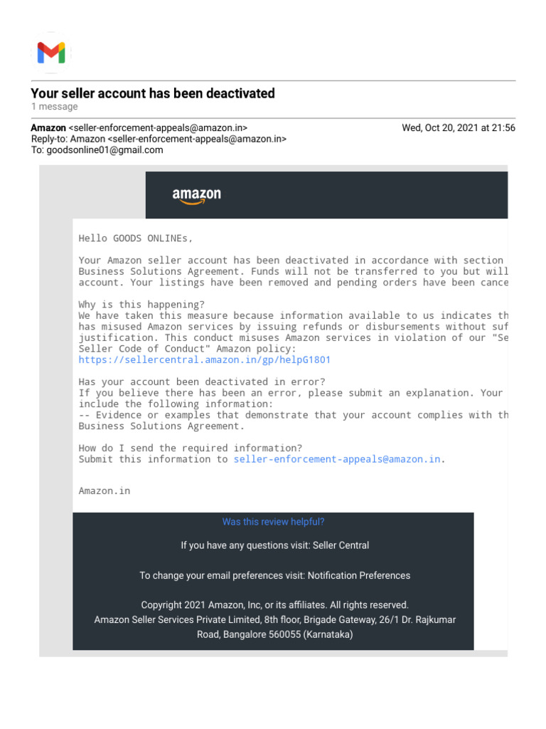 Amazon Seller Account Deactivation Notice | PDF