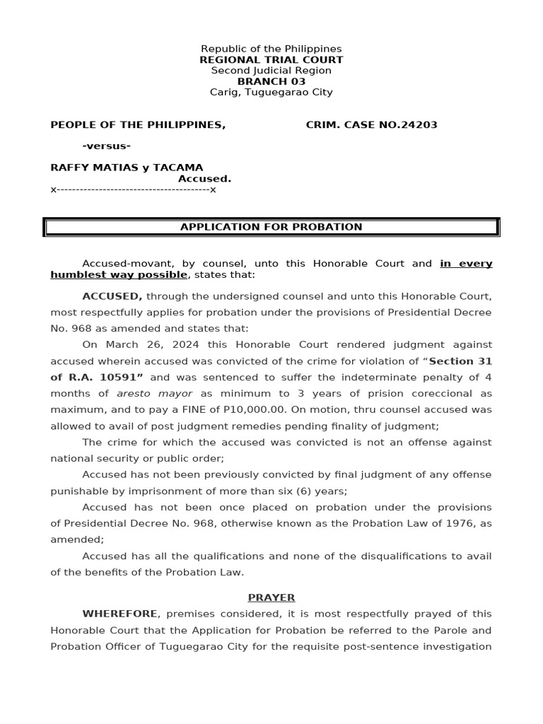 Raffy Matias Application For Probation | PDF | Probation | Political Law