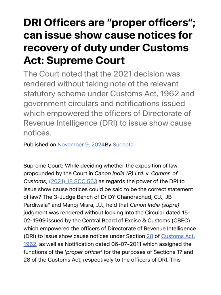 DRI Officers Are "Proper Officers" Can Issue Show Cause Notices For ...