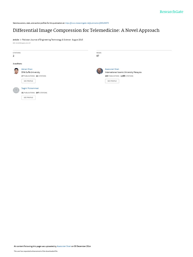 Differential Image Compression For Telemedicine A | PDF | Data Compression | Computing