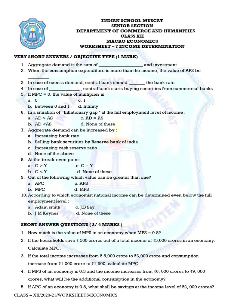 2020 21 Class Xii Economics Income Determination Worksheet 7 | PDF ...
