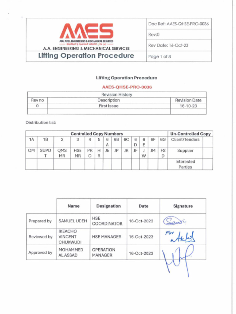 Lifting Operation Procedure-AAES-QHSE-PRO-0036 | PDF
