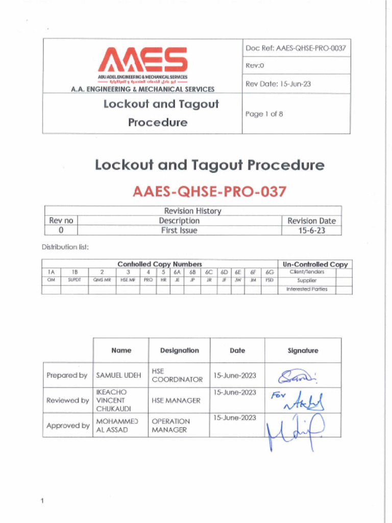 LOTO Procedure-AAES-QHSE-PRO-0037 | PDF