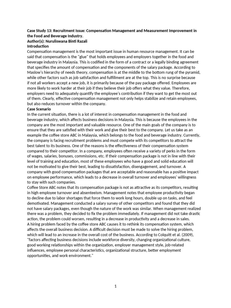 Compensation Management In F B Industry Pdf Employment