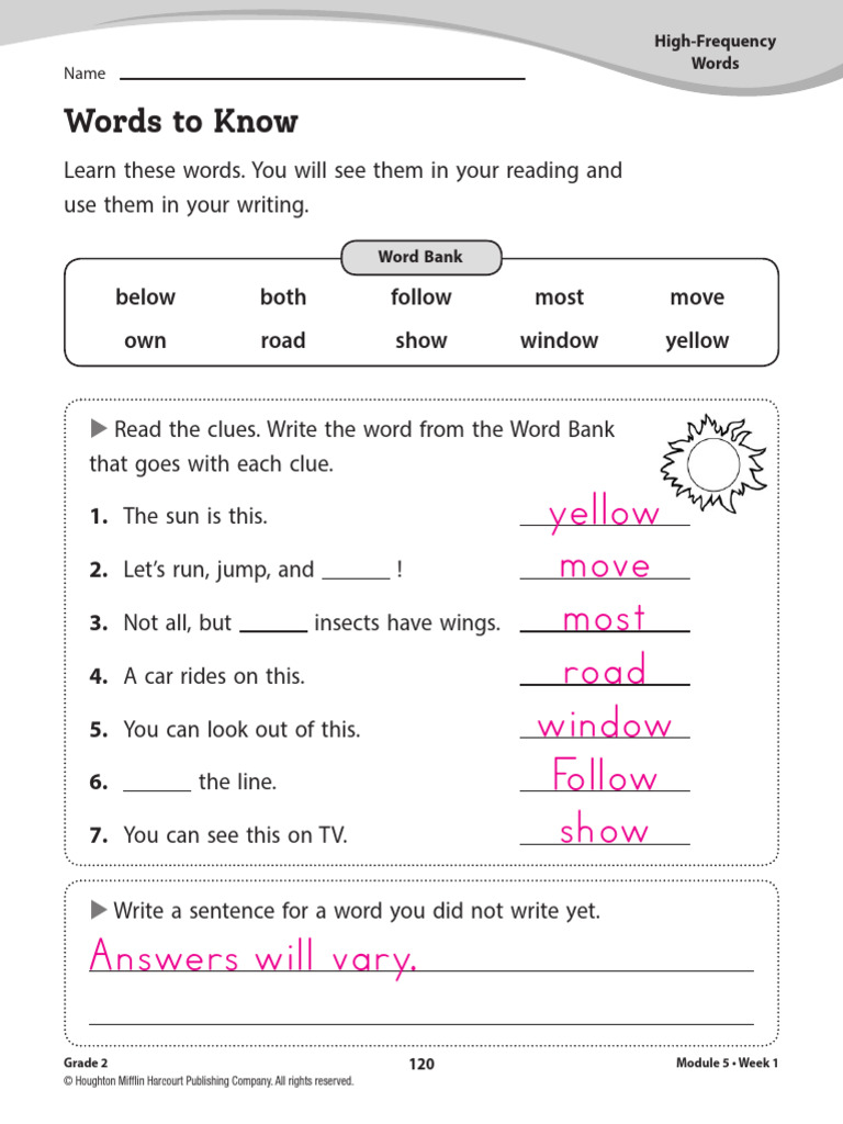 Yellow Move Most Road Window Follow Show Answers Will Vary.: Words To ...