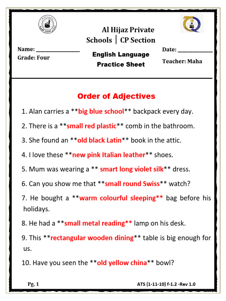 Order of Adjectives Practice Sheet | PDF