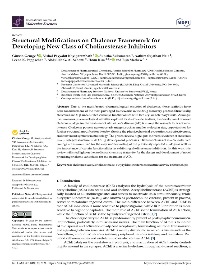 Ijms-23-03121-V2 Chalcone SAR For AChE | PDF | Acetylcholine | Amine
