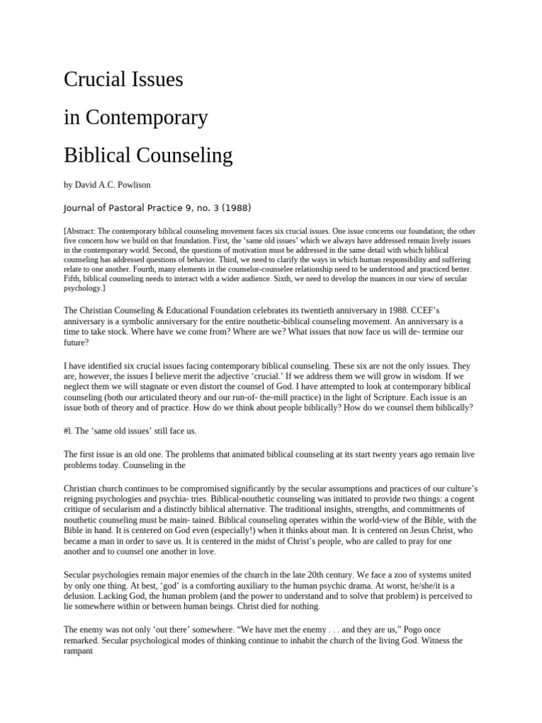 David Powlison - Crucial Issues in Contemporary Biblical Counseling ...