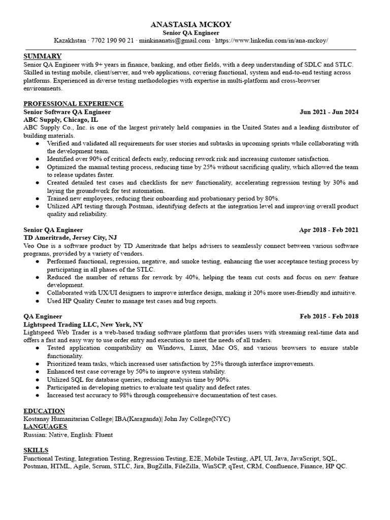 Анастасия - Senior QA Engineer | PDF | Software Development Process | Computer Science
