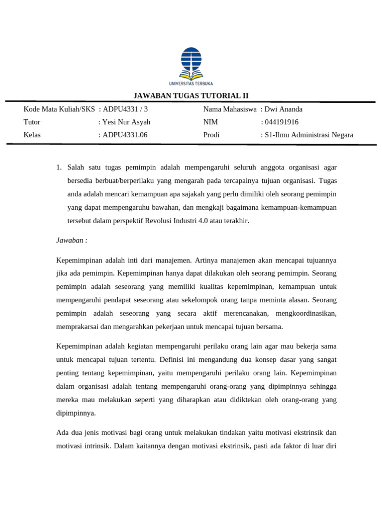 Jawaban Tugas Tutorial Ii - Adpu4331 (Dwi Ananda) | PDF