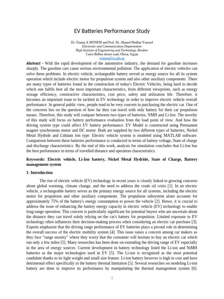 EV Batteries Performance Study | PDF | Electric Vehicle | Lithium Ion Battery