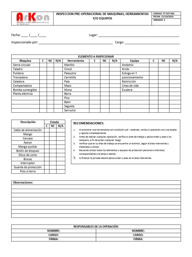 Inspeccion Preoperacional Arkon | PDF | Equipo | Bienes manufacturados