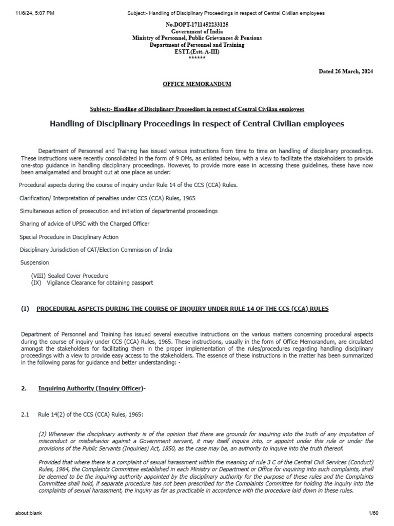 Subject - Handling of Disciplinary Proceedings in Respect of Central ...
