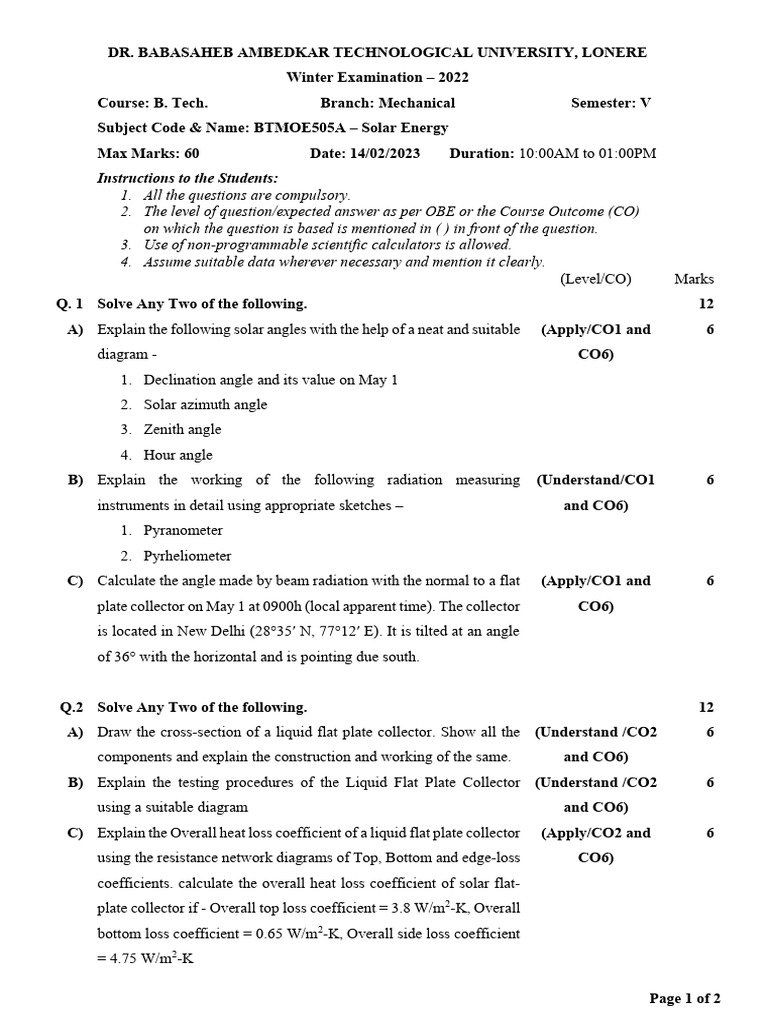 Solar Energy Exam Paper - B. Tech V Sem | PDF | Applied And ...