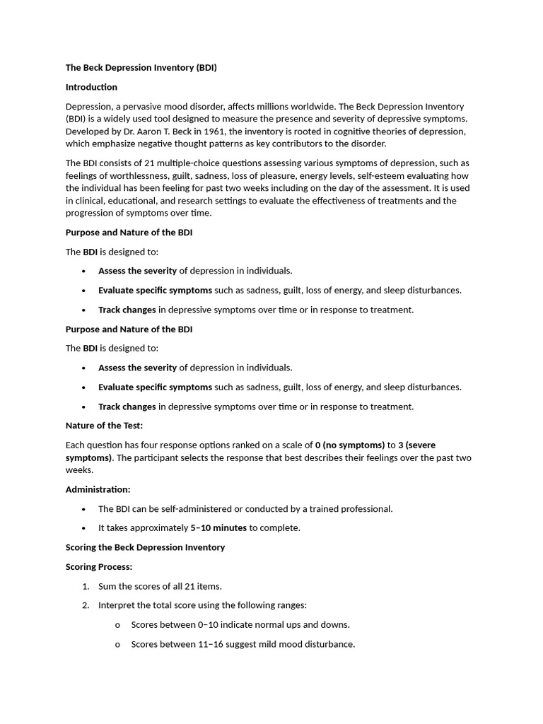 The Beck Depression Inventory | PDF | Major Depressive Disorder | Human ...