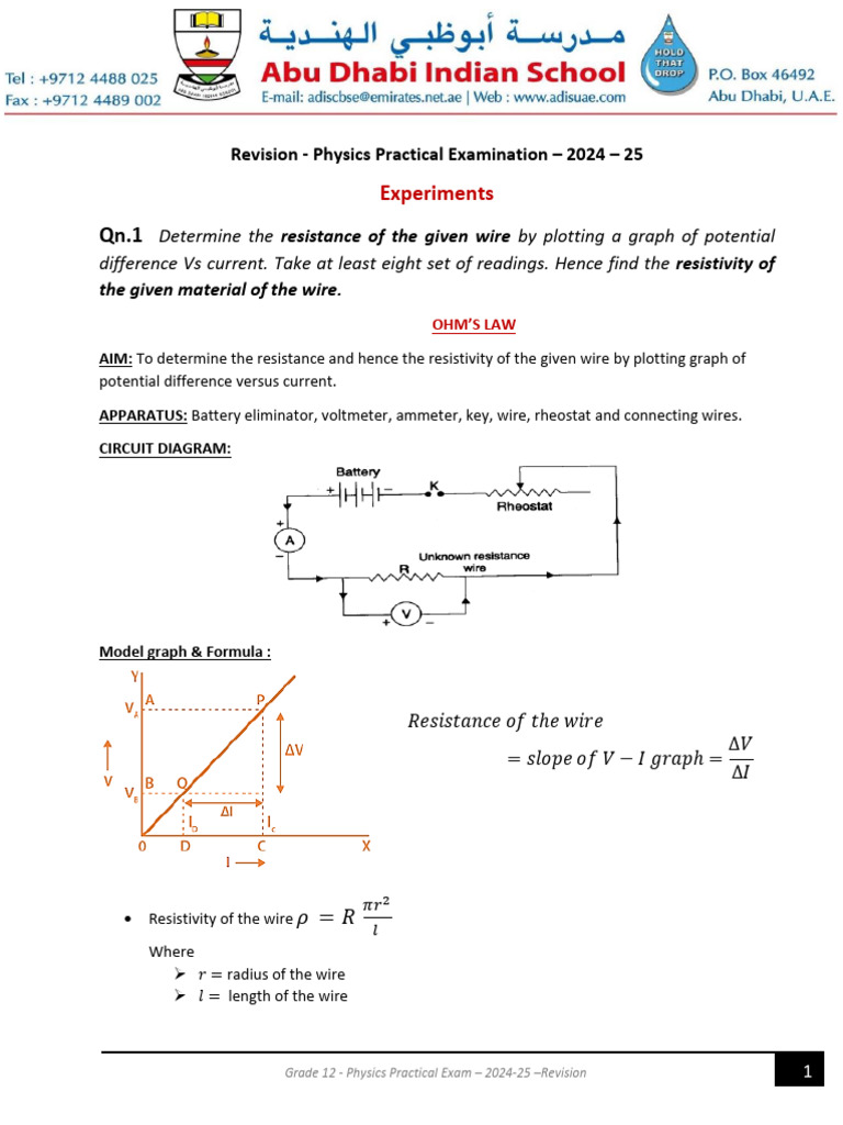 ?revision - Physics Practical Exam - Grade 12 - 24-25 | PDF | Voltage ...