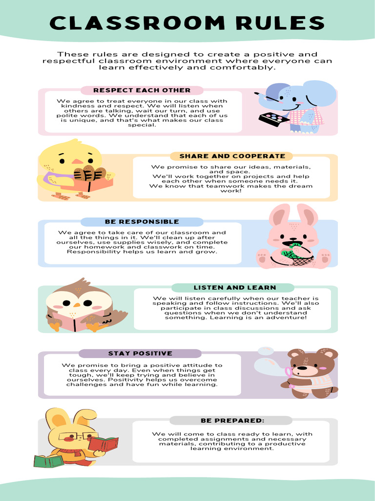 Classroom rules infographic in colorful pastel cute style | PDF