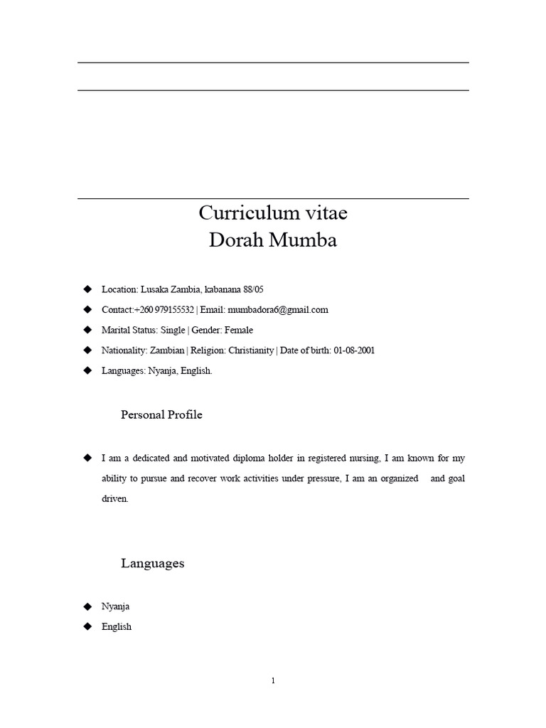 Zambian Nursing CV of Dorah Mumba | PDF
