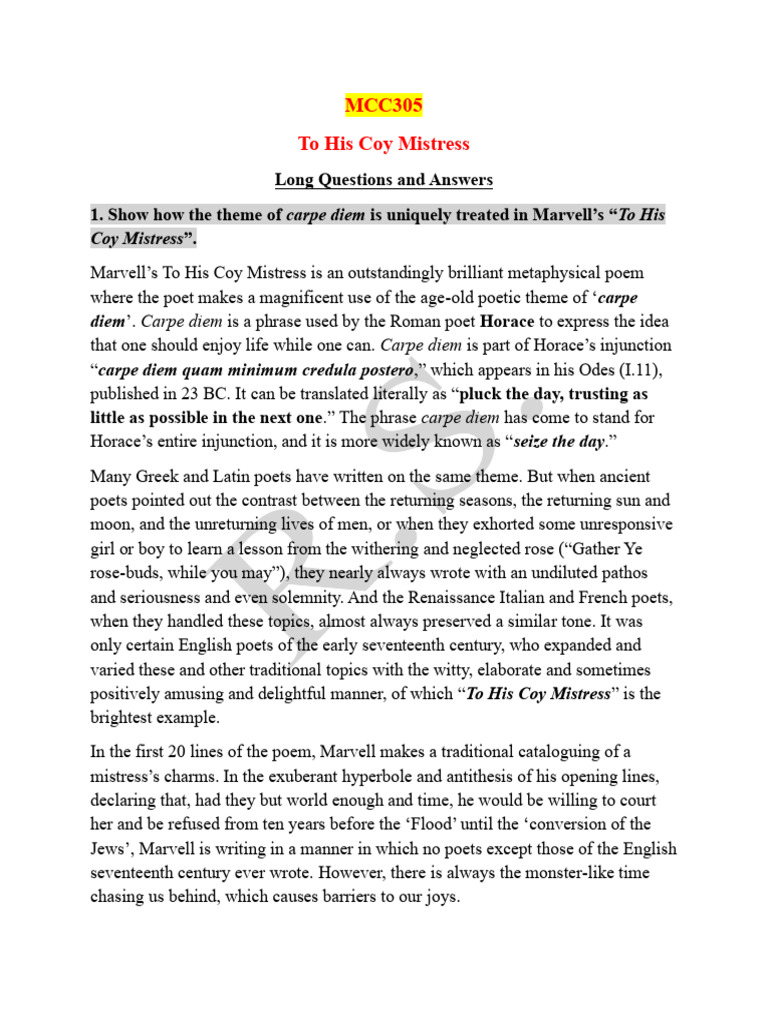 To His Coy Mistress Long | PDF | Horace | Poetry