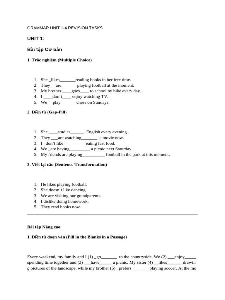Grammar Unit 1-4 Revision Tasks | PDF