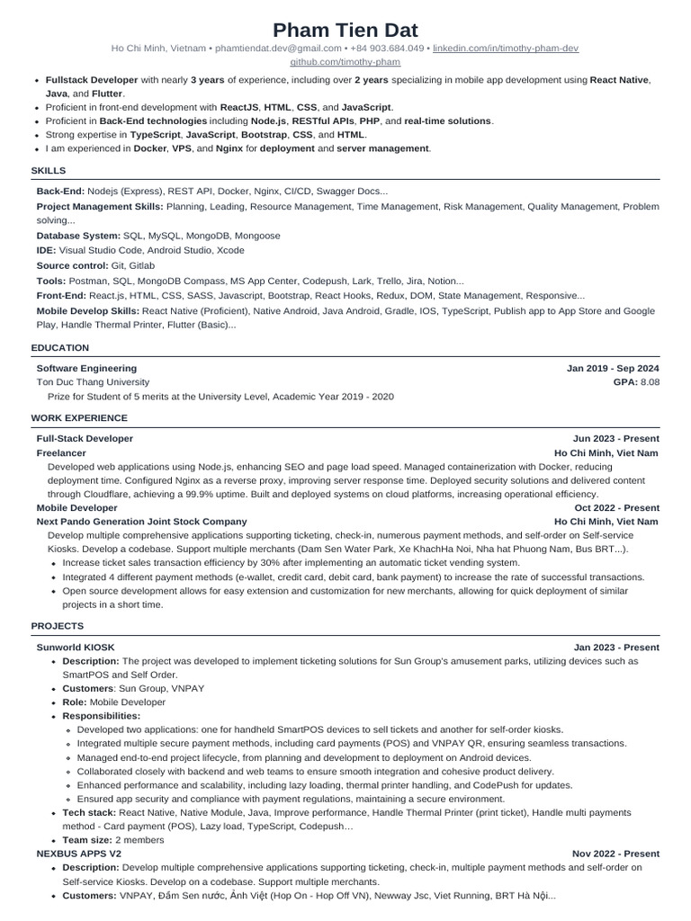 Pham Tien Dat FullStack Developer | PDF | Mobile App | Point Of Sale